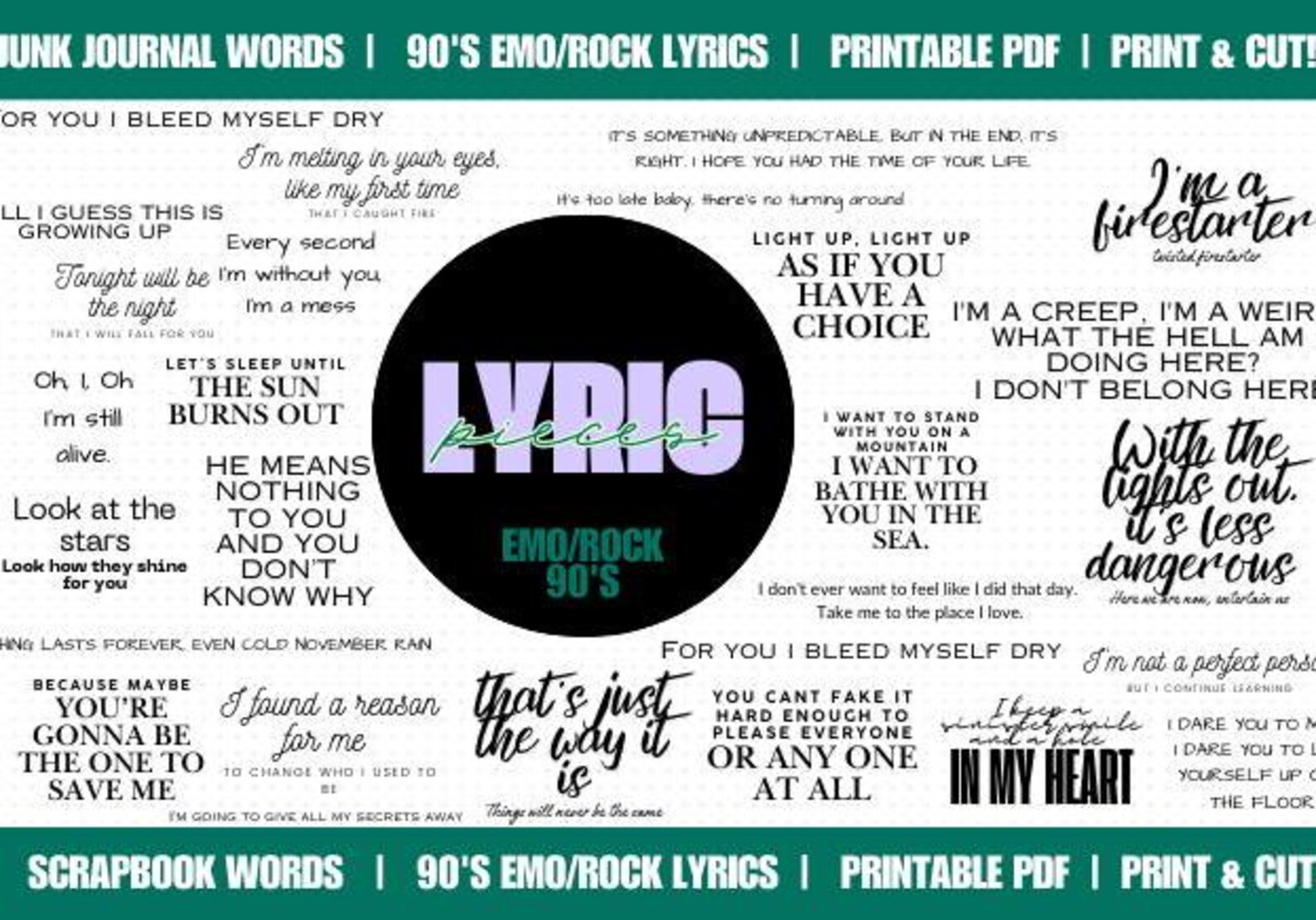 Words of Favorite 90s EMO Music Lyrics Words for Junk Journal ...