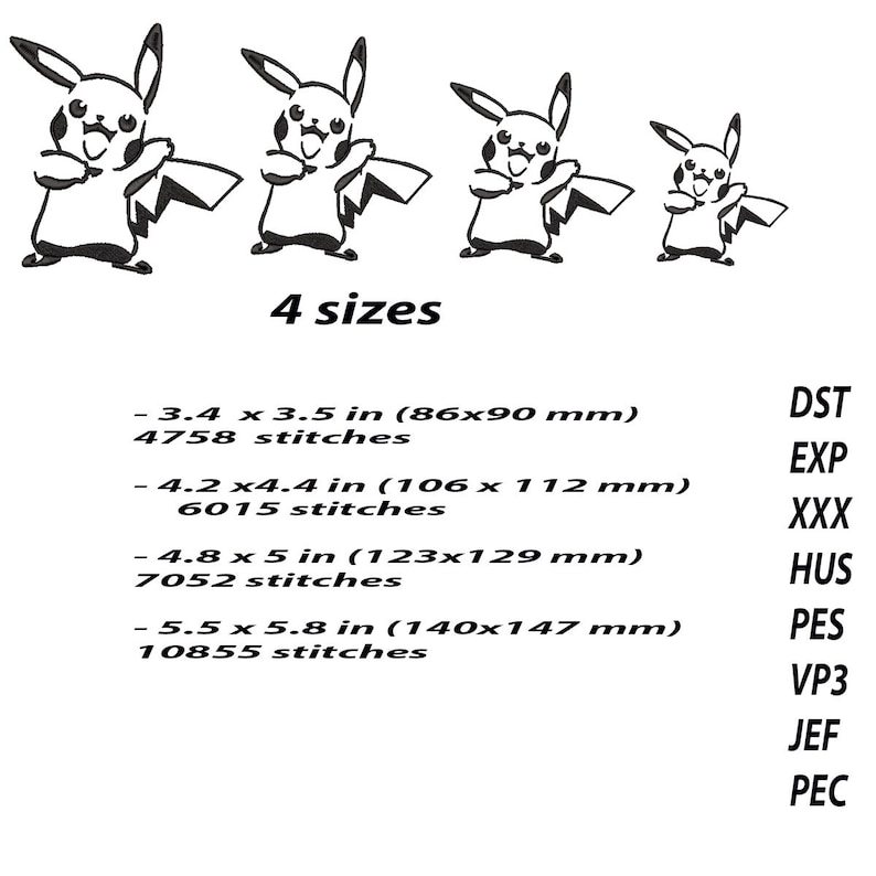 Pikachu. 4 Sizes. Емbroidery Design Machine Files. Pikachu Pes - Etsy