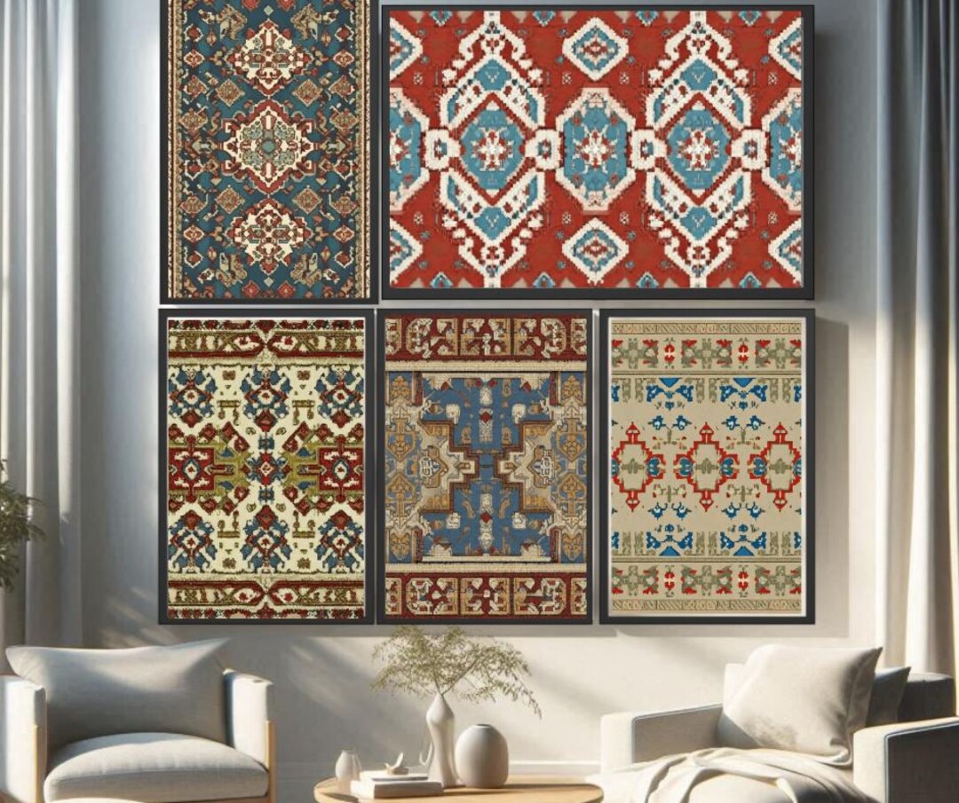 Set of 5 Samarkand Rug Drawing Wall Art | Oriental Ethnic Islami Art ...