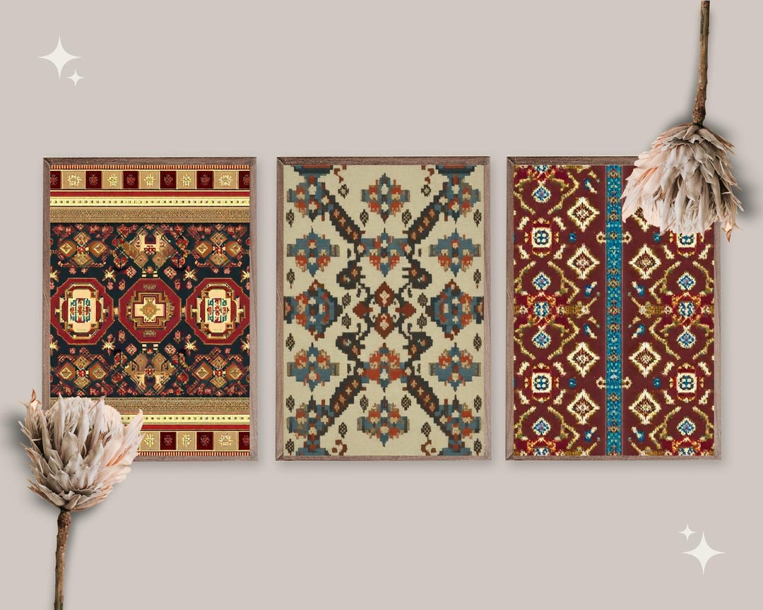 Set of 5 Uyghur Rug Drawing Wall Art | Orientalist Asian Ethnic Artwork ...
