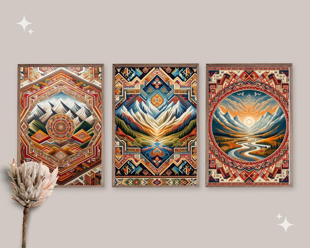 Set of 3 Nomad Kilim Drawing Wall Art | Orientalist Kurdish Ethnic ...