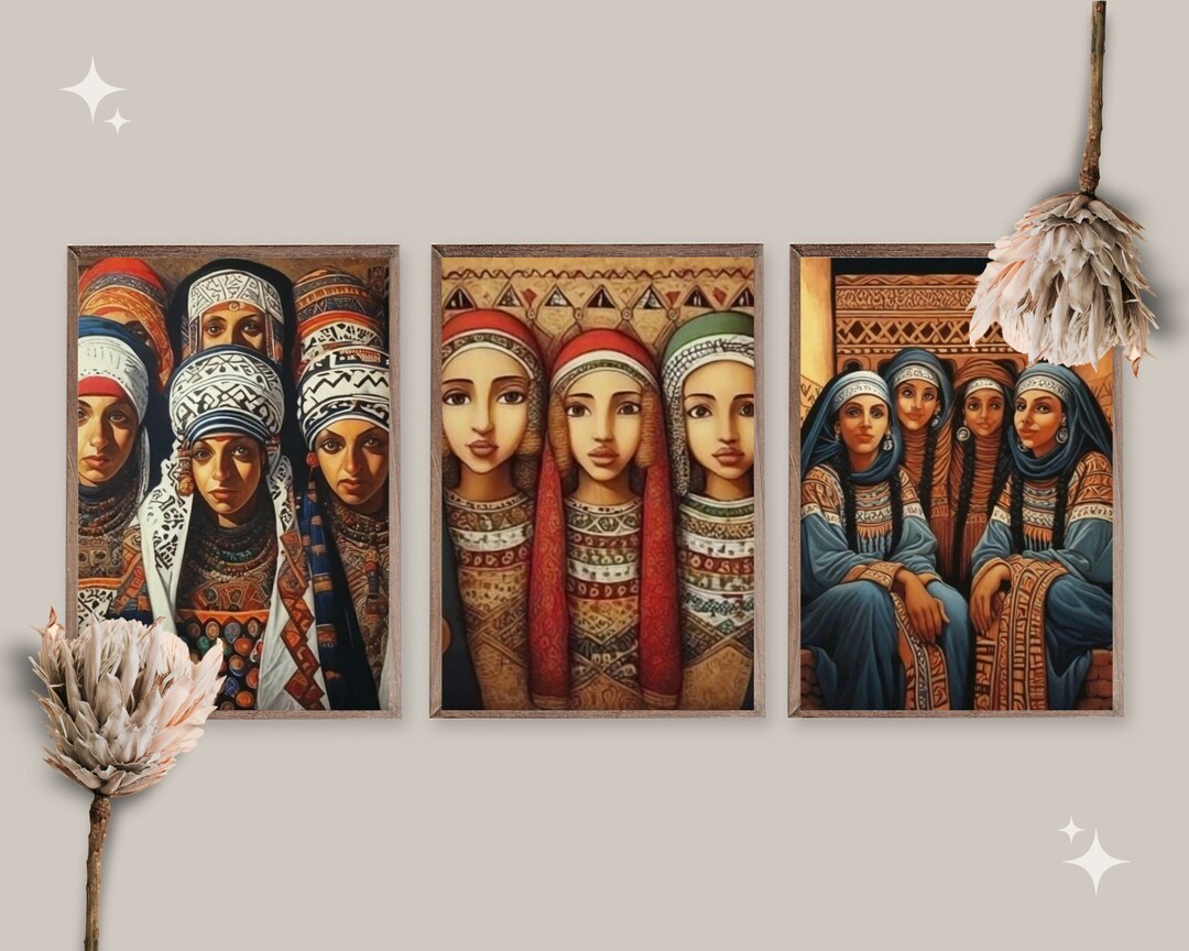 Set of 3 Libyan Muslim Girls Traditional Wall Art Oriental Ethnic ...
