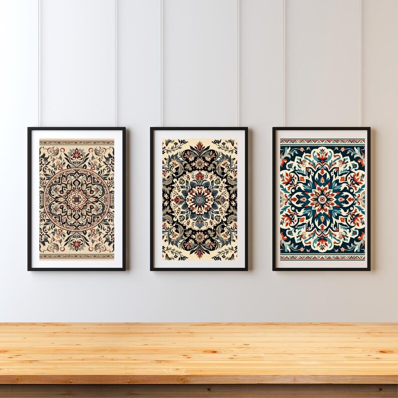 Set of 3 Bukhara Kilim Drawing Stencil Wall Art | Orientalist Ethnic ...