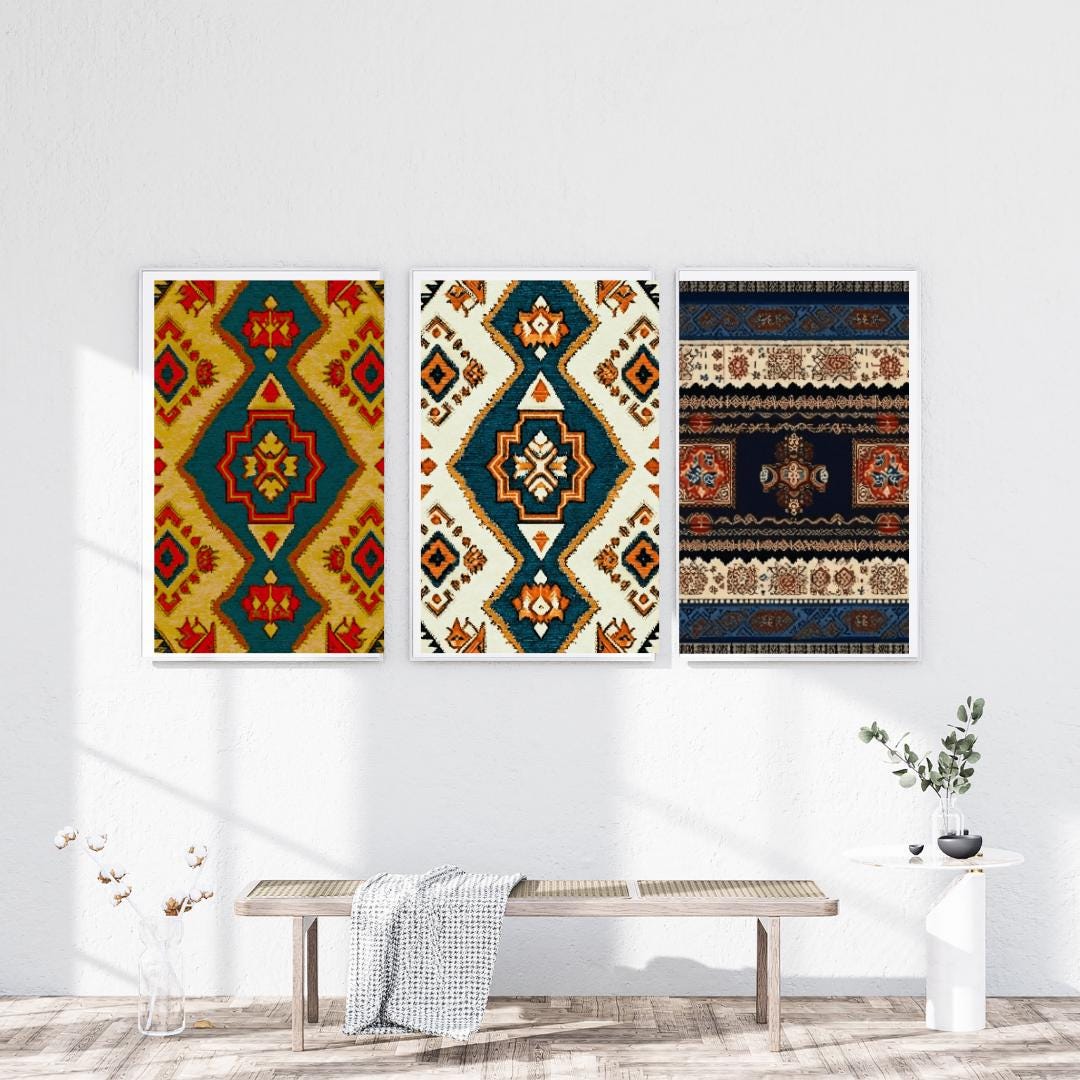 Set of 3 Iranian Rug Drawing Stencil Wall Art | Orientalist Levantine ...