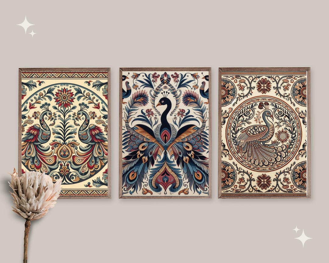 Set of 3 Syrian Peafowl Carpet Motif Wall Art Oriental Syrian Carpet ...