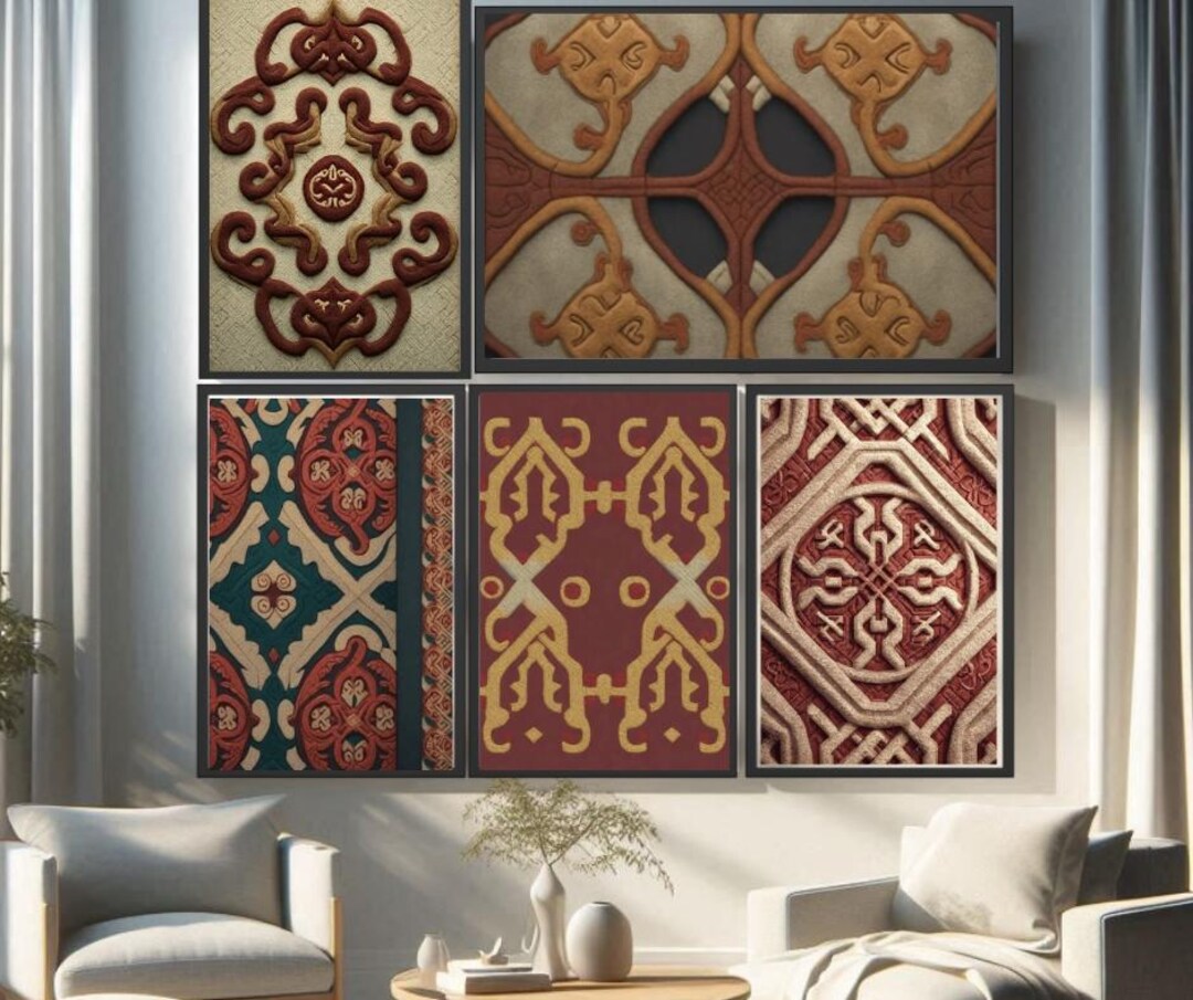 Set of 5 Uzbek Rug Drawing Wall Art Oriental Ethnic Islami Art Muslim ...
