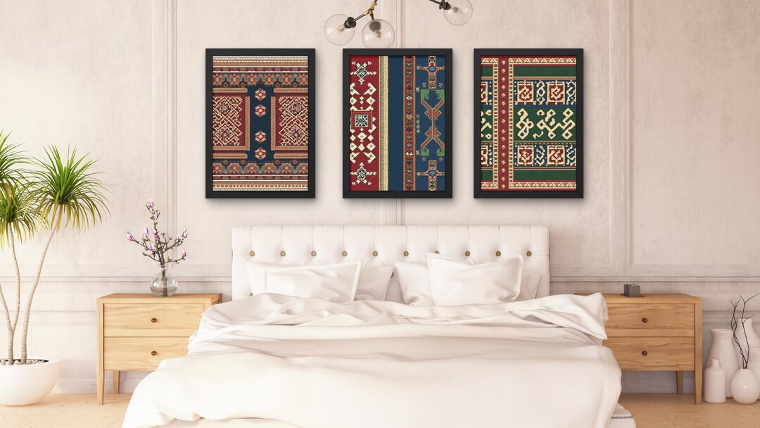 Set of 3 Azeri Rug Drawing Stencil Wall Art | Oriental Ethnic ...
