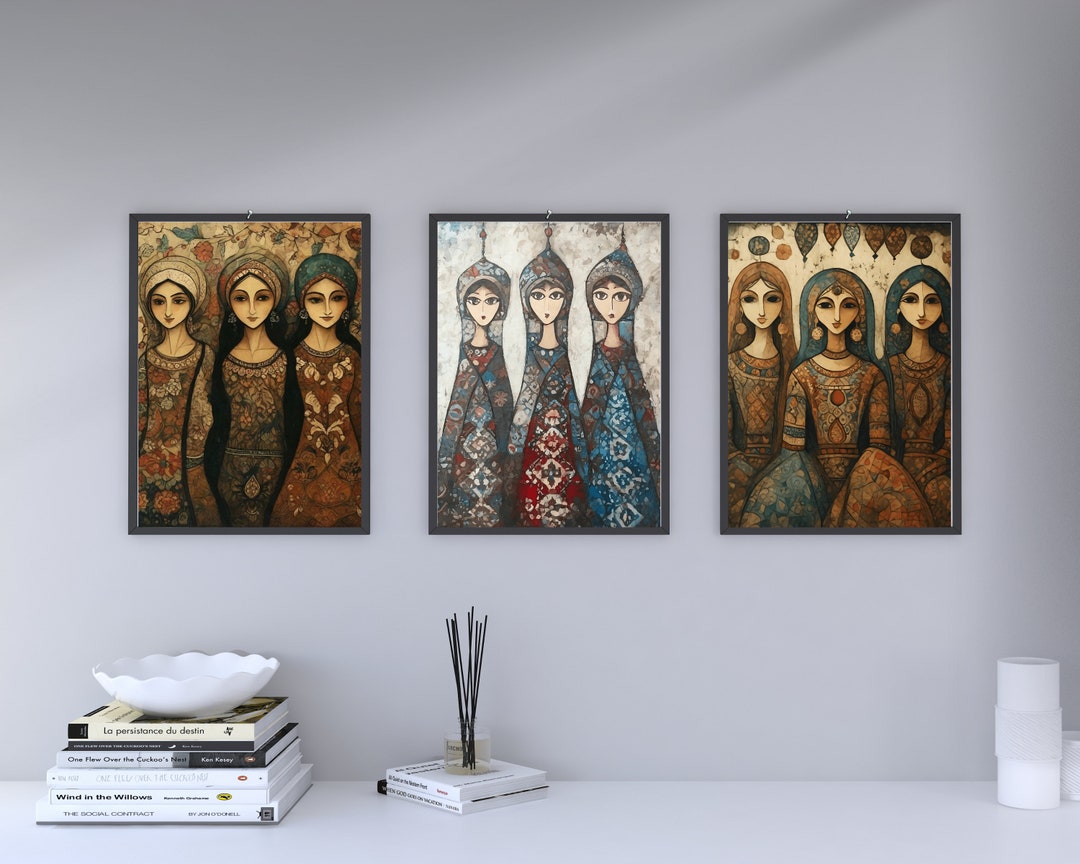 Set of 3 Syrian Medieval Oil Painting Illustration Wall Art Oriental ...
