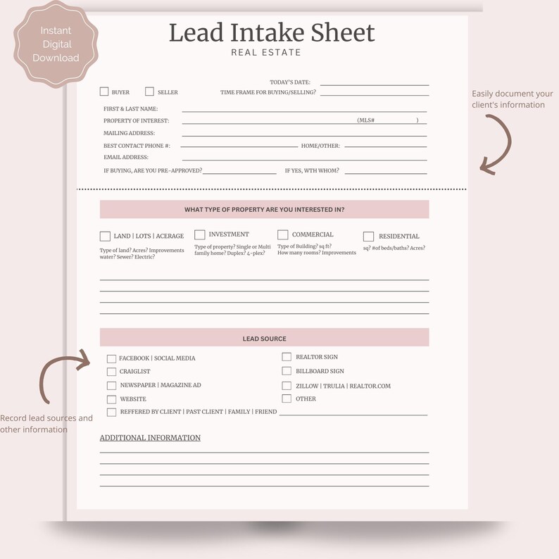 Real Estate Lead Intake Sheet | Client Contact & Info Tracker ...