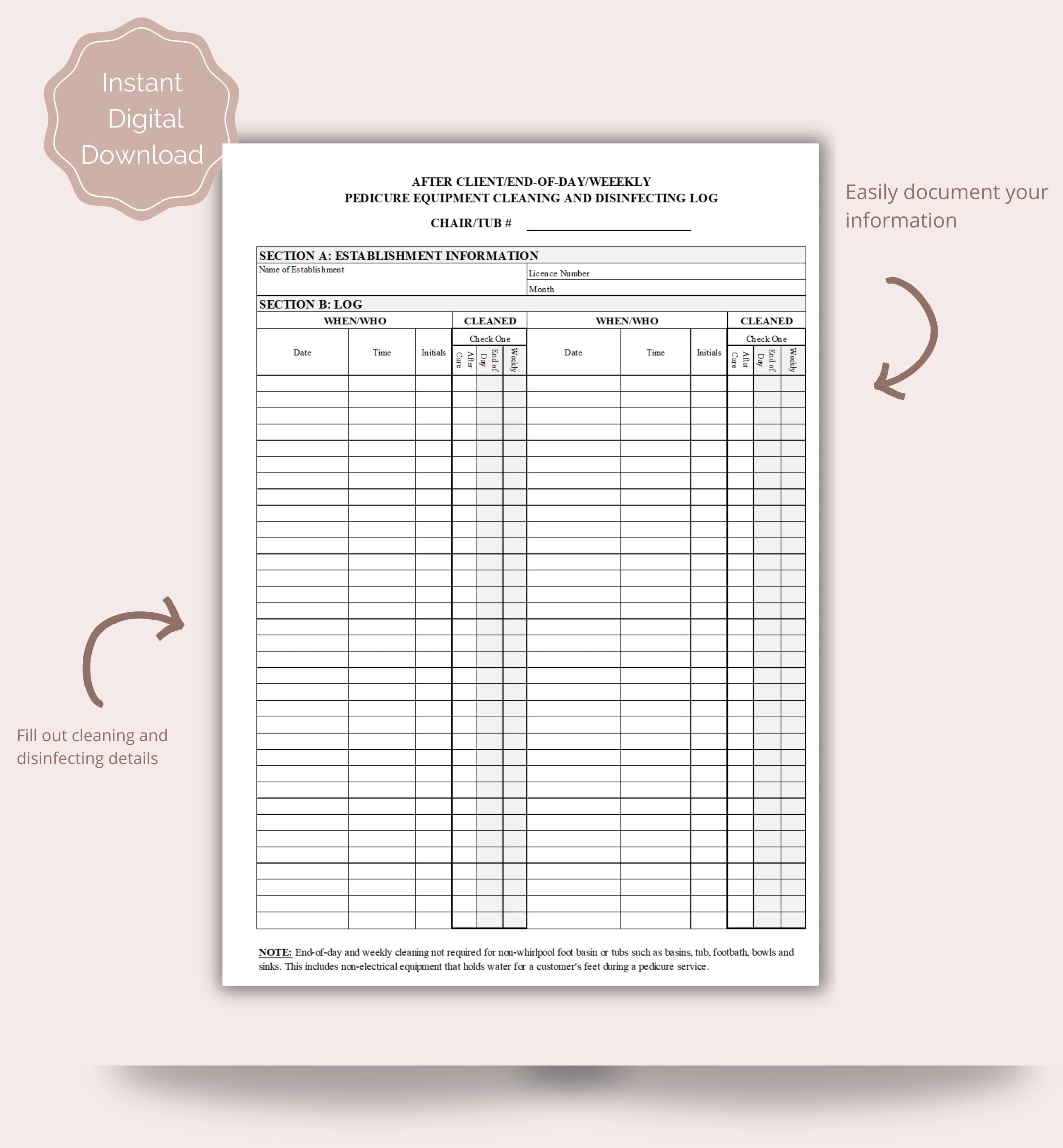 Pedicure Salon Cleaning Log | Printable Nail Salon Hygiene Tracker ...