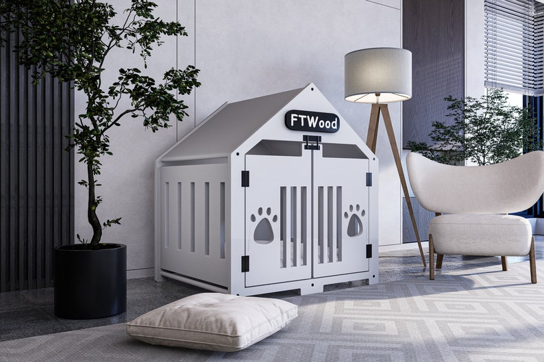 Modern Dog Crate, White Elegant Wooden Dog House With Free ...