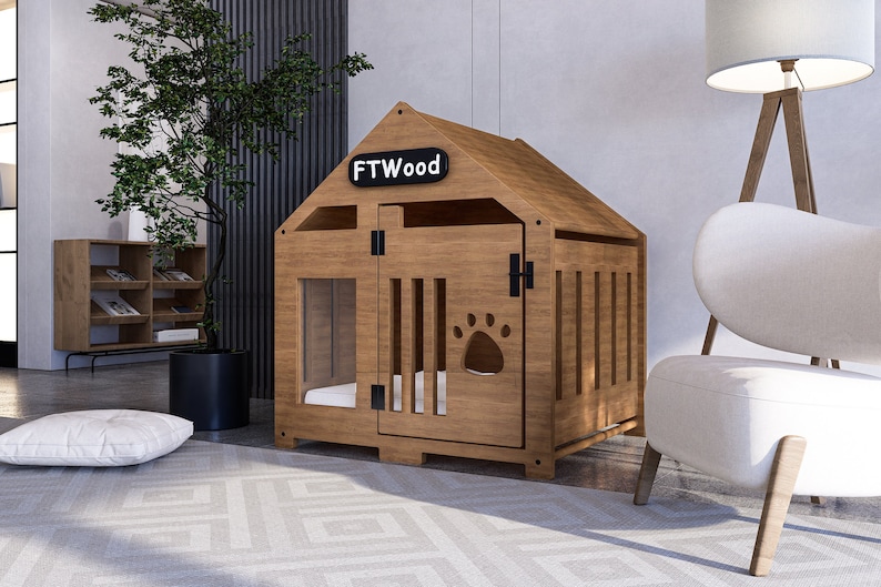 Modern Dog Crate, Brown Elegant Wooden Dog House With Free ...