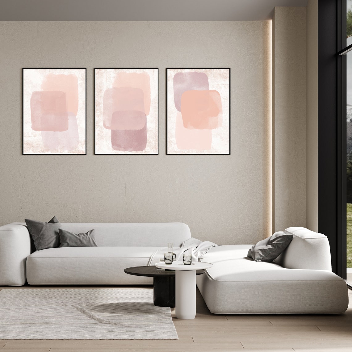 Boho Peach Squares Printable Wall Art, Set of Three Modern Abstract Art ...