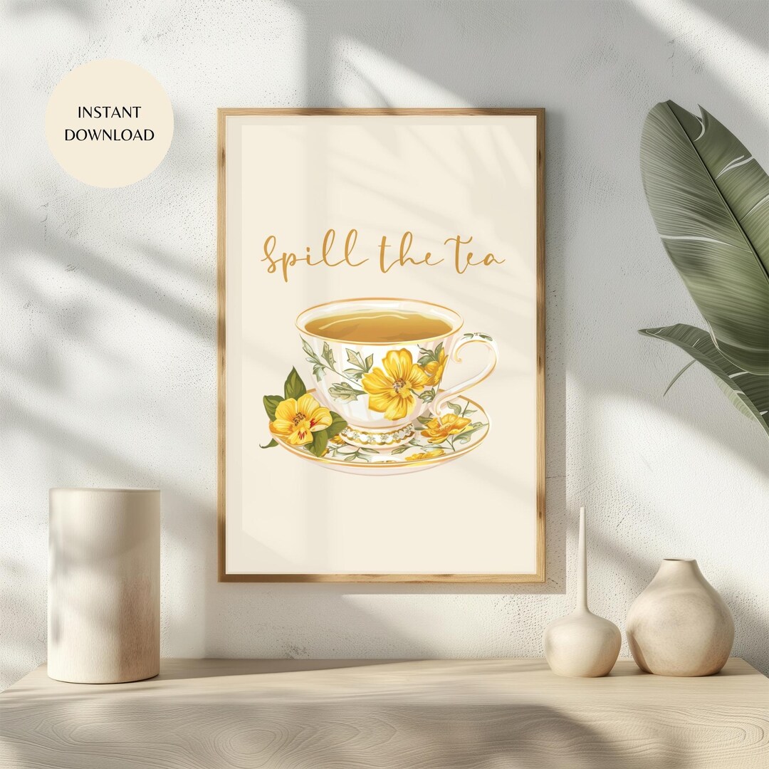 Vintage Teacup Yellow and Neutral Tones Trendy Spill the Tea Printable ...