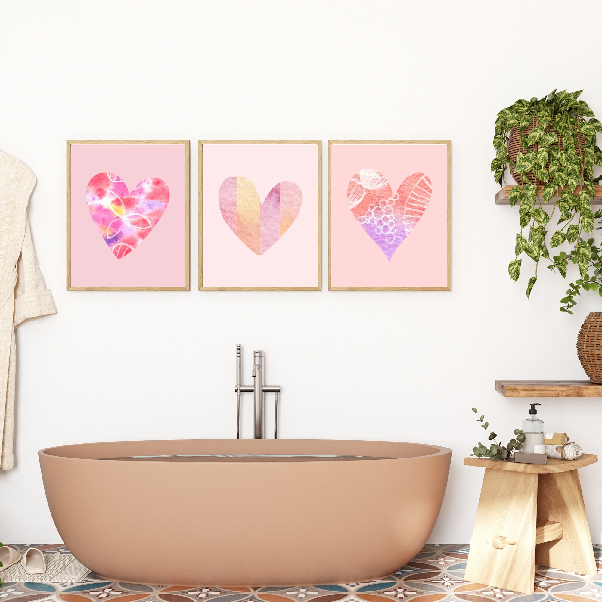 Pink Girly Aesthetic Printable Wall Art, Set of Three Blush Pink Hearts ...