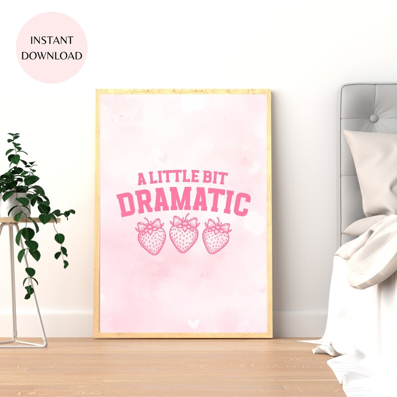 Coquette Blush Pink Printable Wall Art, Strawberry Bows Whimsical Girly ...