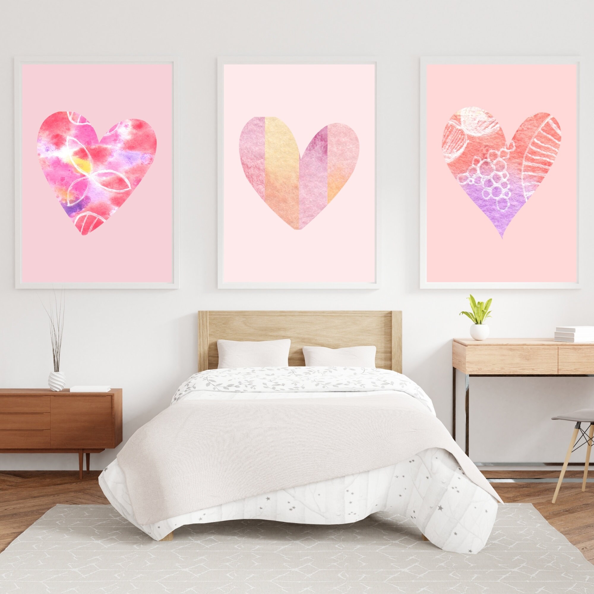 Pink Girly Aesthetic Printable Wall Art, Set of Three Blush Pink Hearts ...
