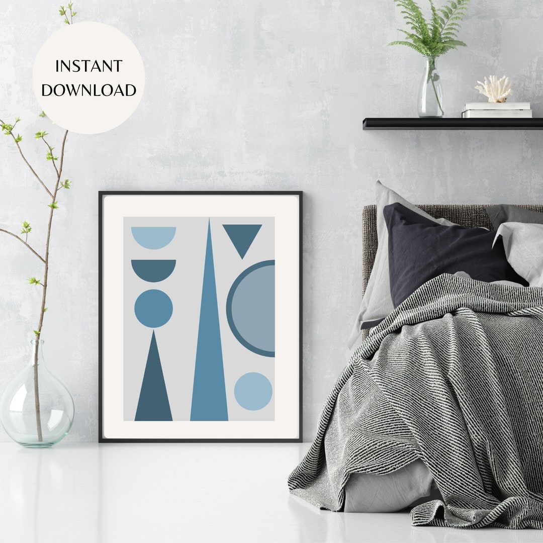 Geometric Triangles Art Print: Blue and Gray Abstract Decor (digital ...
