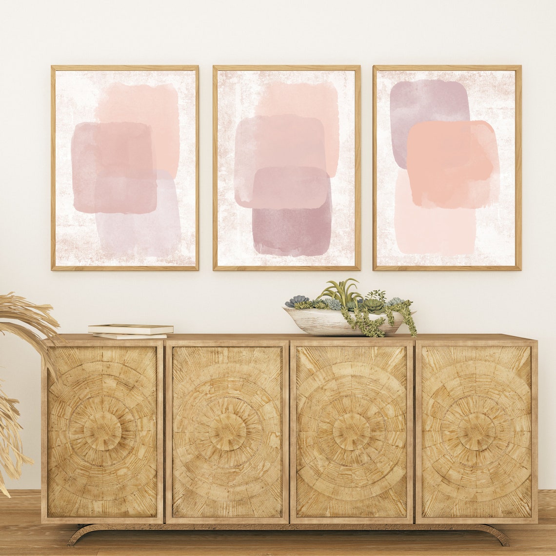Boho Peach Squares Printable Wall Art, Set of Three Modern Abstract Art ...