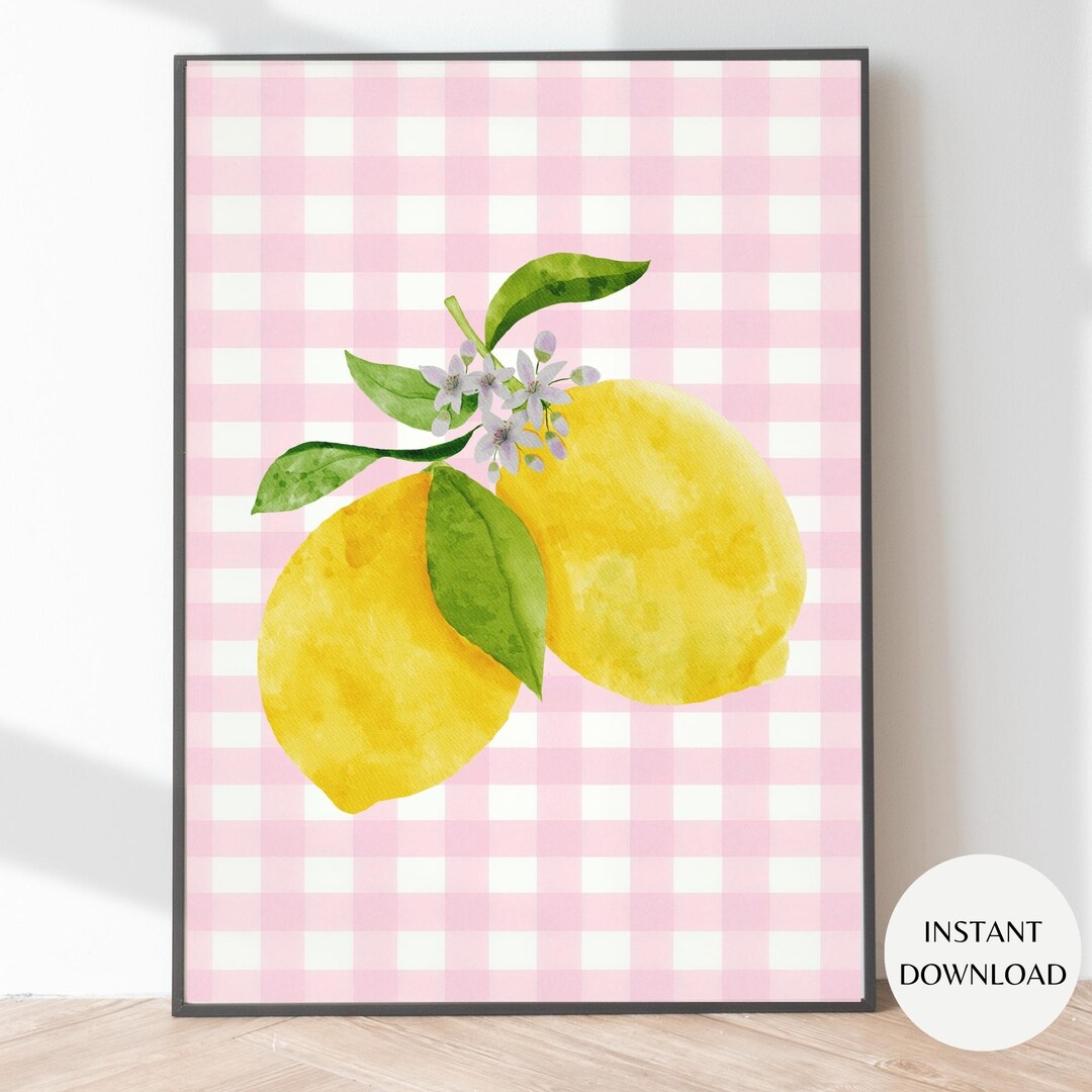 Pink Gingham and Lemons Printable Wall Art INSTANT DOWNLOAD, Blush Pink ...