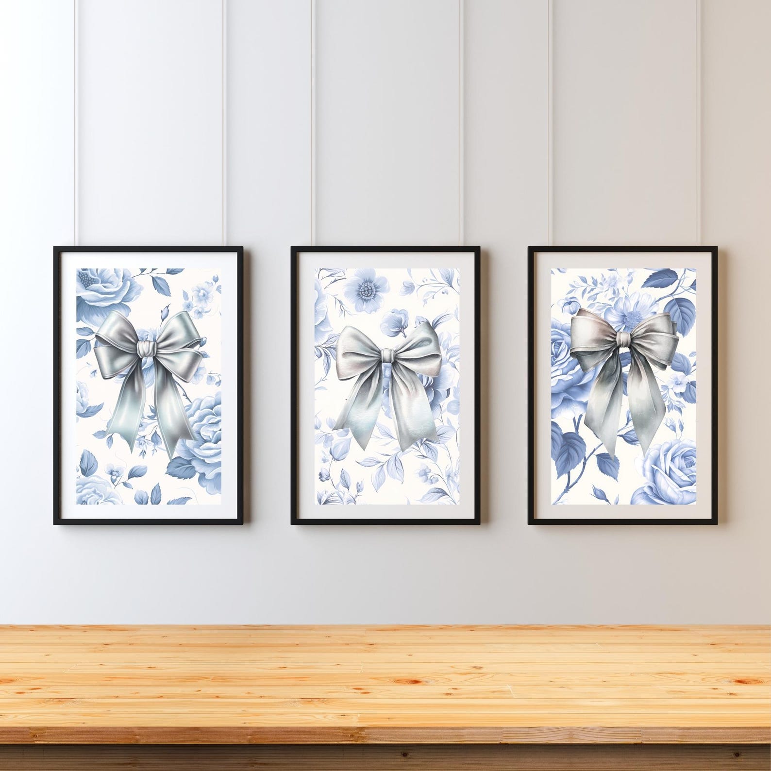 Coquette Silver Bows and Chinoiserie Printable Wall Art Set of Three ...