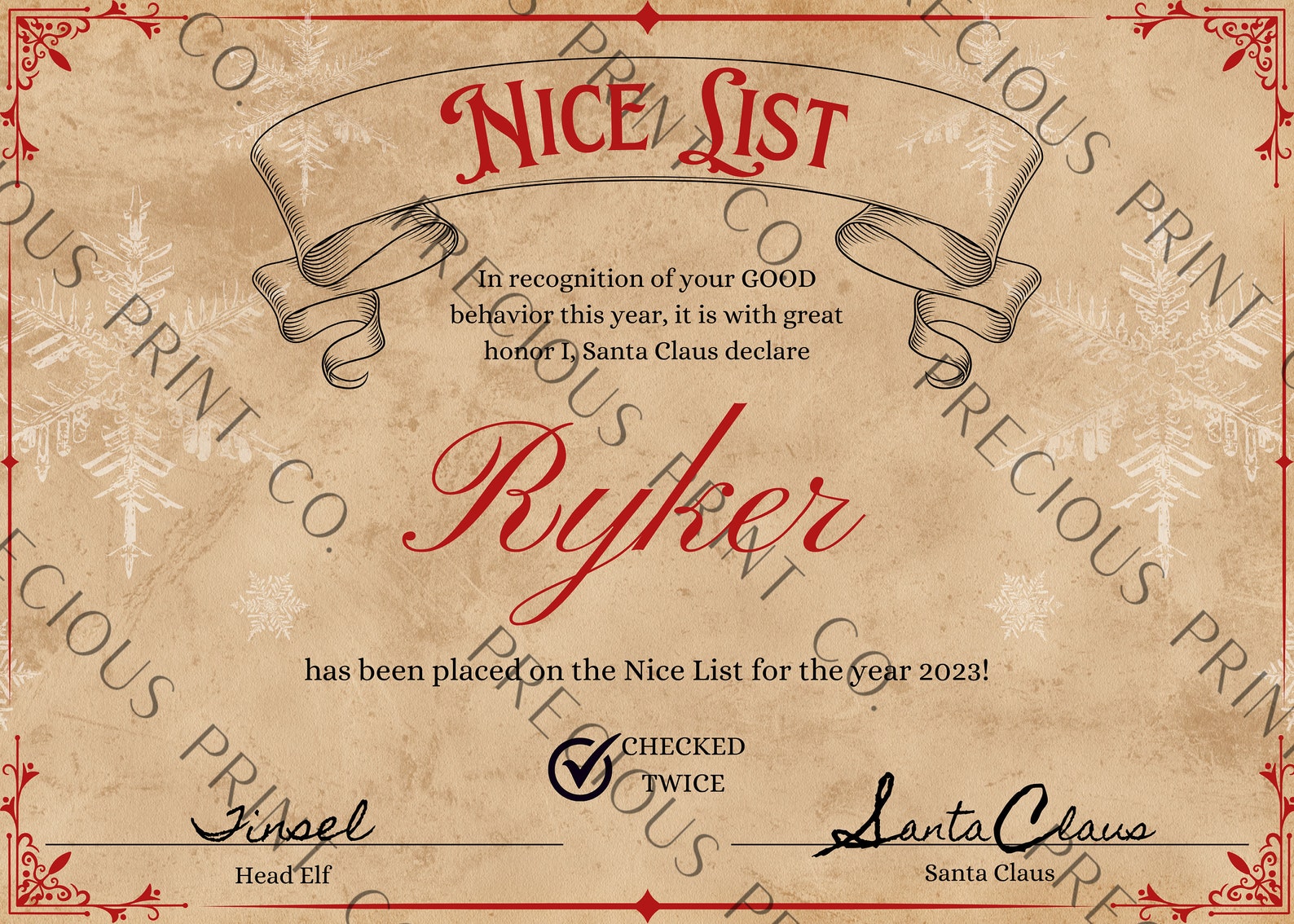 Nice List Certificate, Official Certificate From Santa, Nice List ...