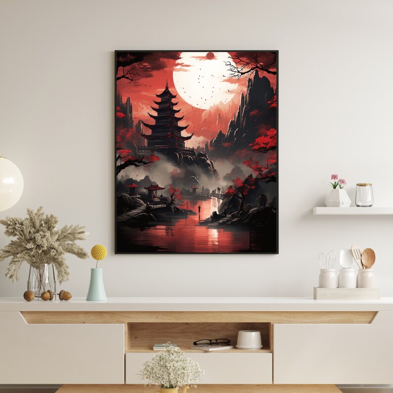 Red Moon Framed Picture, Japanese Wall Decor, Japanese Pictures Art ...