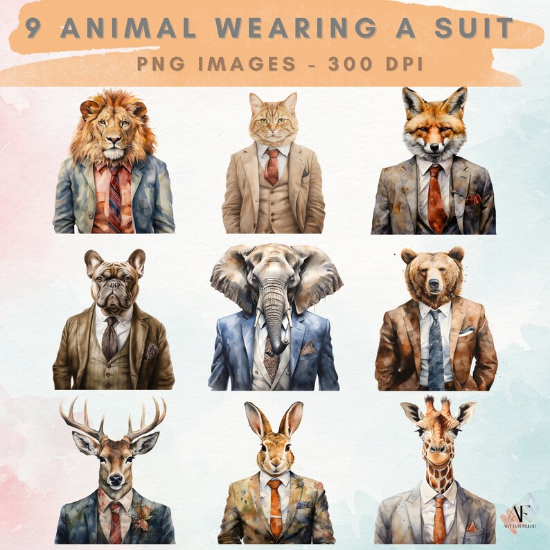 Set of 9 Animals Watercolor Wearing a Suit, Cool Dressed Animal Clipart ...