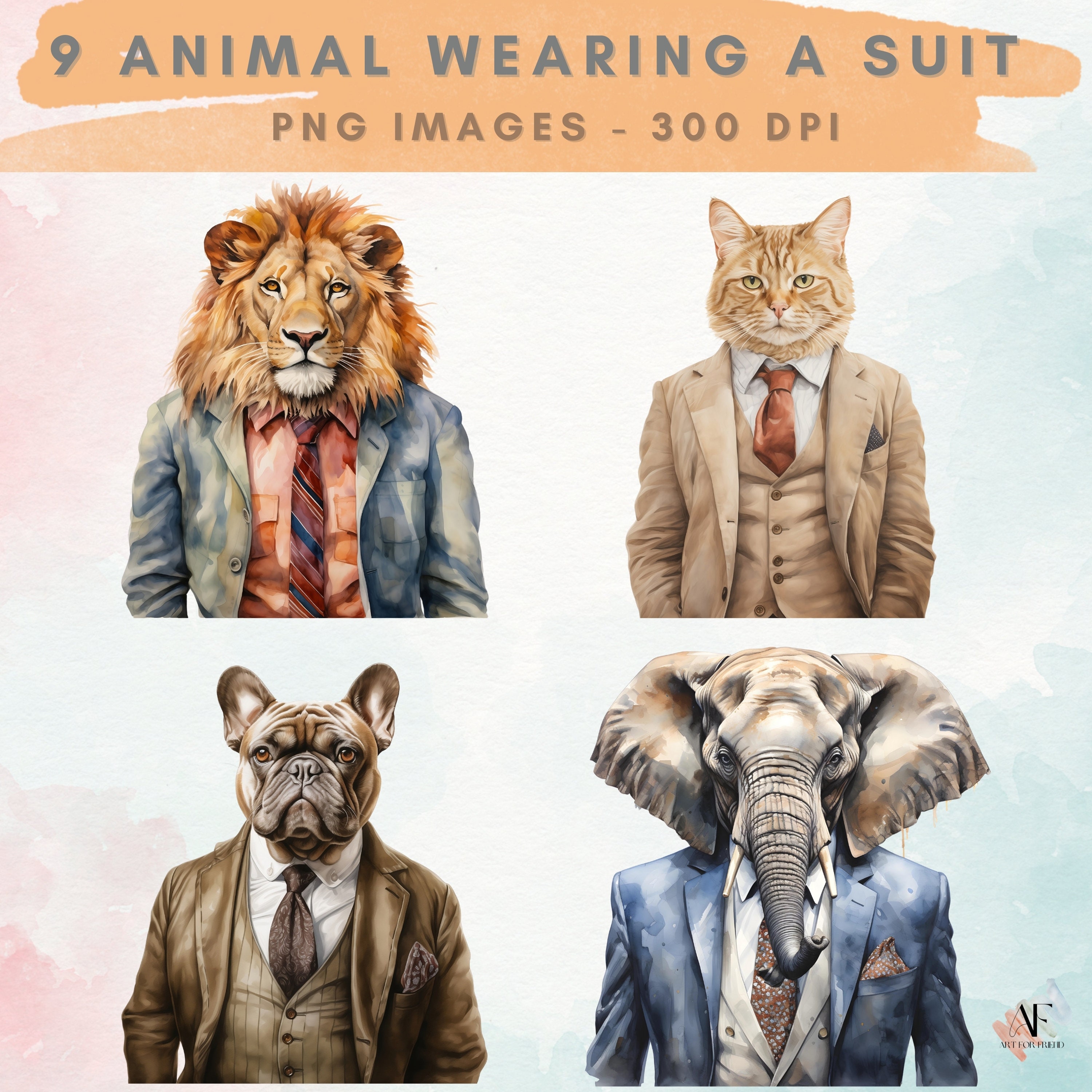 Set of 9 Animals Watercolor Wearing a Suit, Cool Dressed Animal Clipart ...