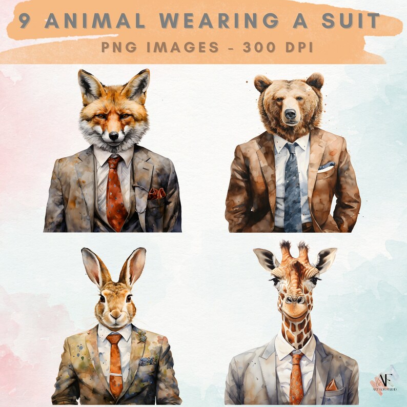 Set of 9 Animals Watercolor Wearing a Suit, Cool Dressed Animal Clipart ...