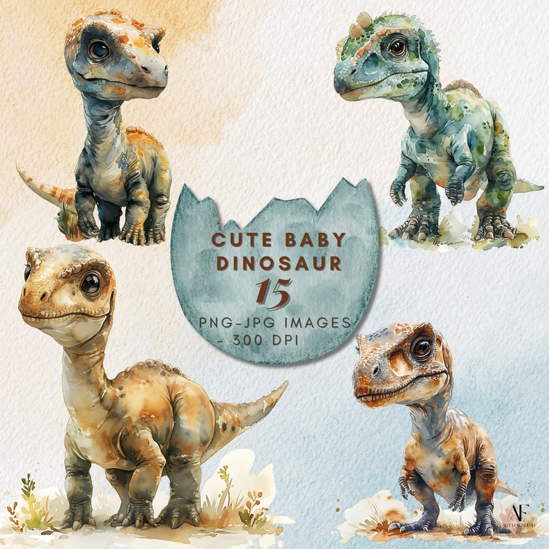Set of 15 Watercolor Cute Baby Dinosaur, Clipart, Baby Dinosaur PNG ...