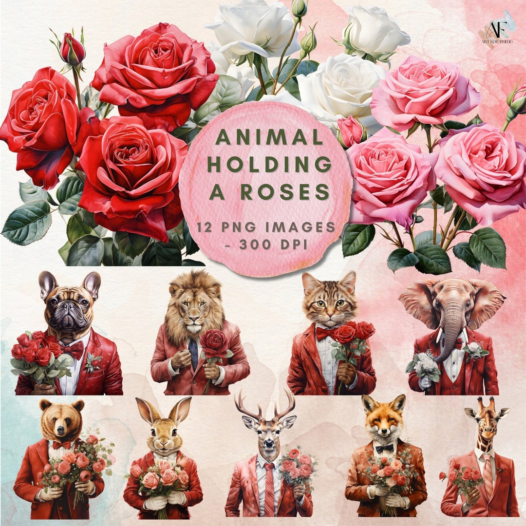 Set of 9 Animals Watercolor Holding a Roses, Cute Valentine Animal ...