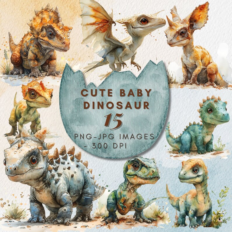 Set of 15 Watercolor Cute Baby Dinosaur, Clipart, Baby Dinosaur PNG ...