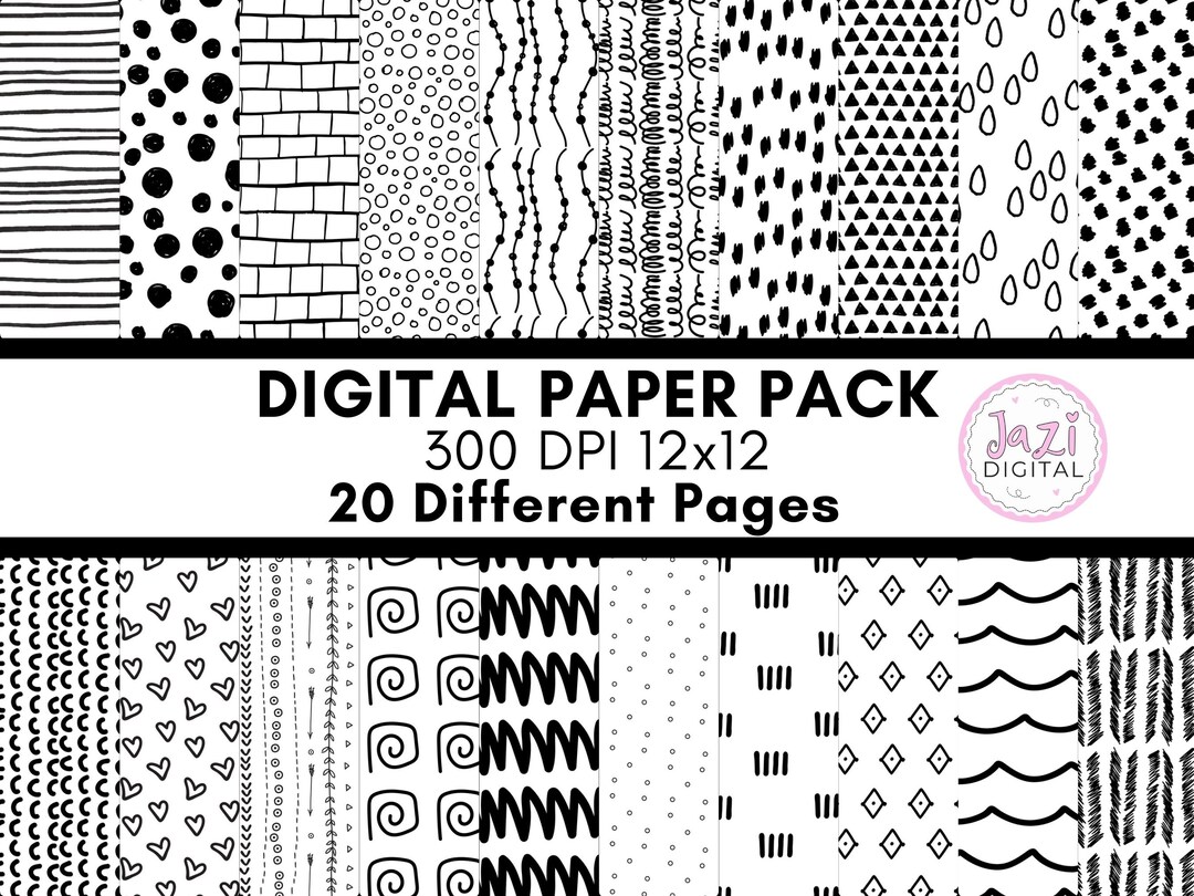 Black and White Digital Paper Pack 20 Unique 12 X 12 300 DPI Digital ...