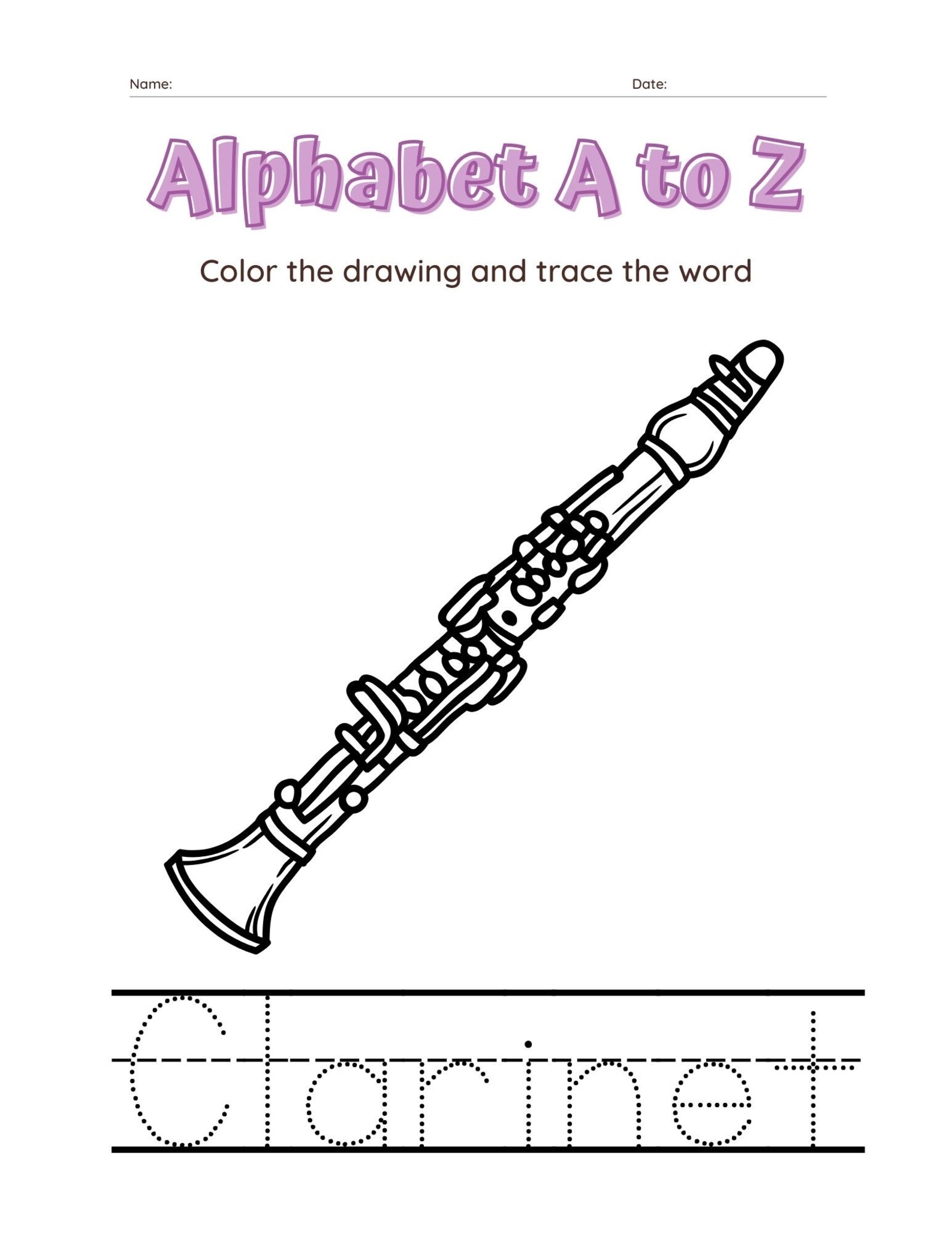 Musical Instrument A to Z Trace and Color Children’s Coloring Book for ...