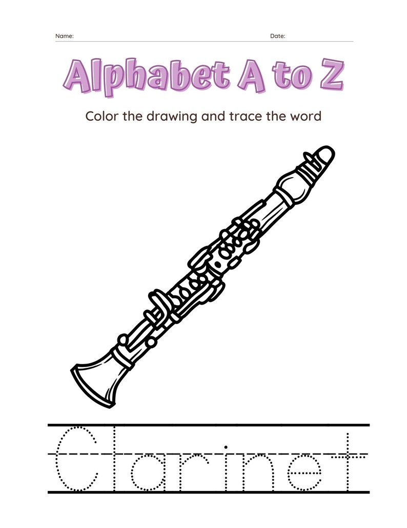 Musical Instrument A to Z Trace and Color Children’s Coloring Book for ...