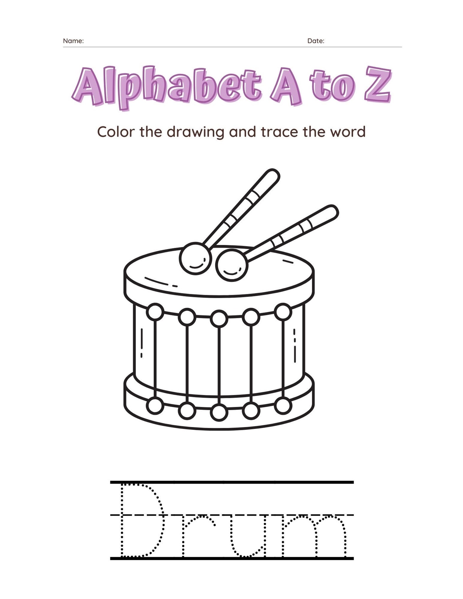 Musical Instrument A to Z Trace and Color Children’s Coloring Book for ...