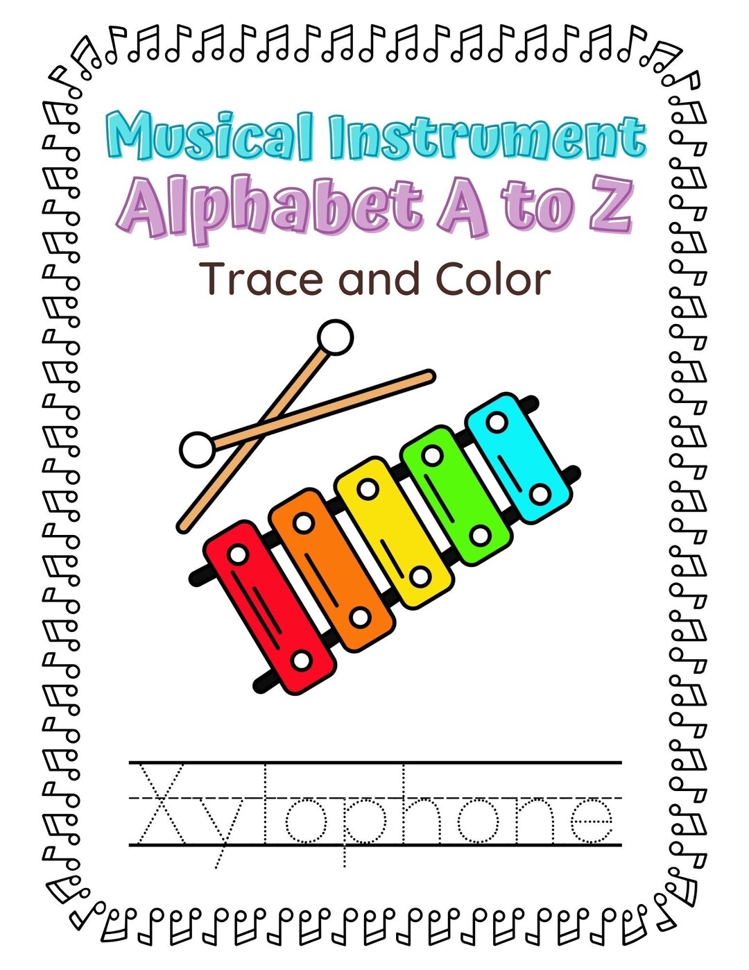 Musical Instrument A to Z Trace and Color Children’s Coloring Book for ...