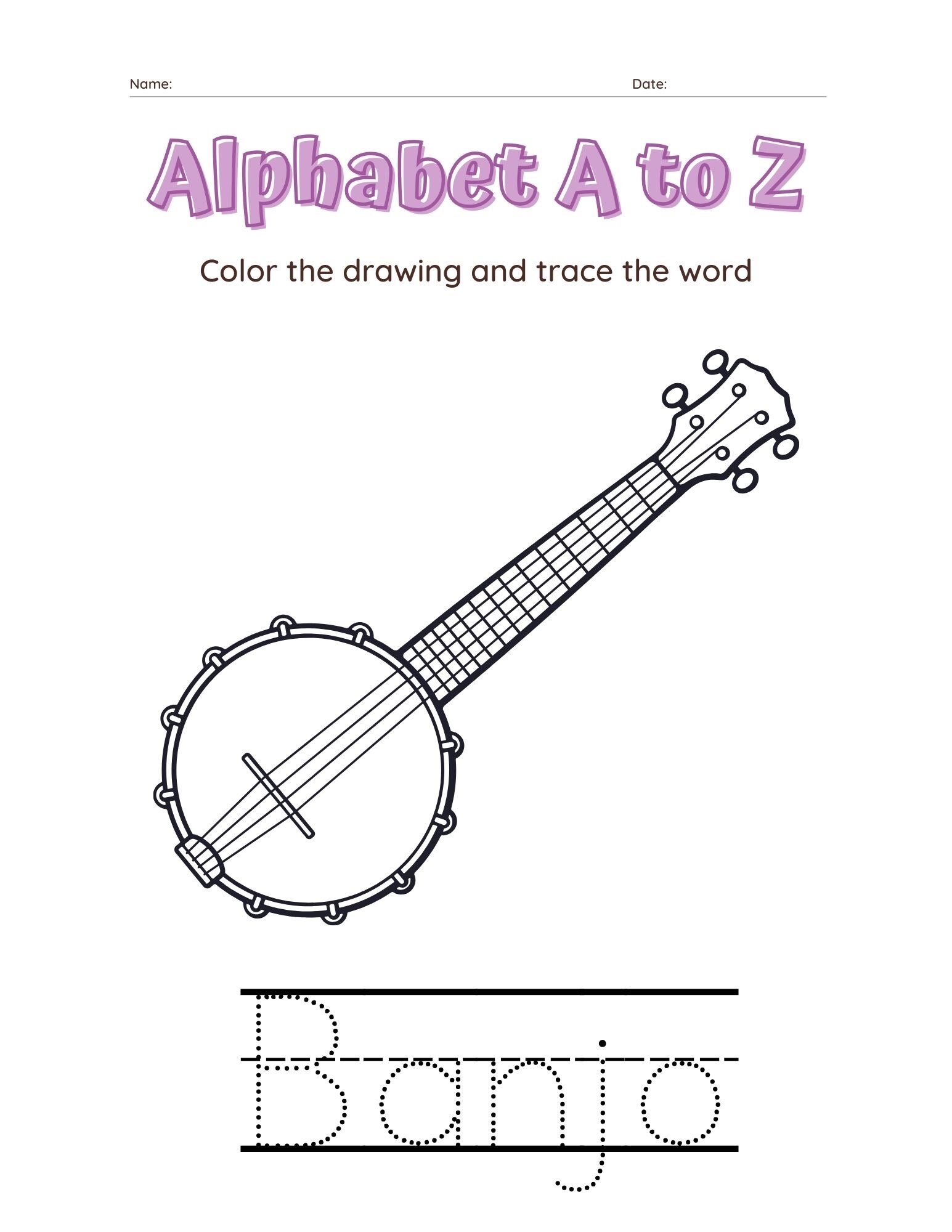 Musical Instrument A to Z Trace and Color Children’s Coloring Book for ...
