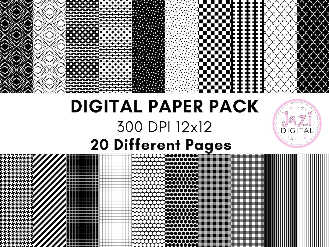 Black and White Digital Paper Pack 20 Unique 12 X 12 300 DPI Digital ...
