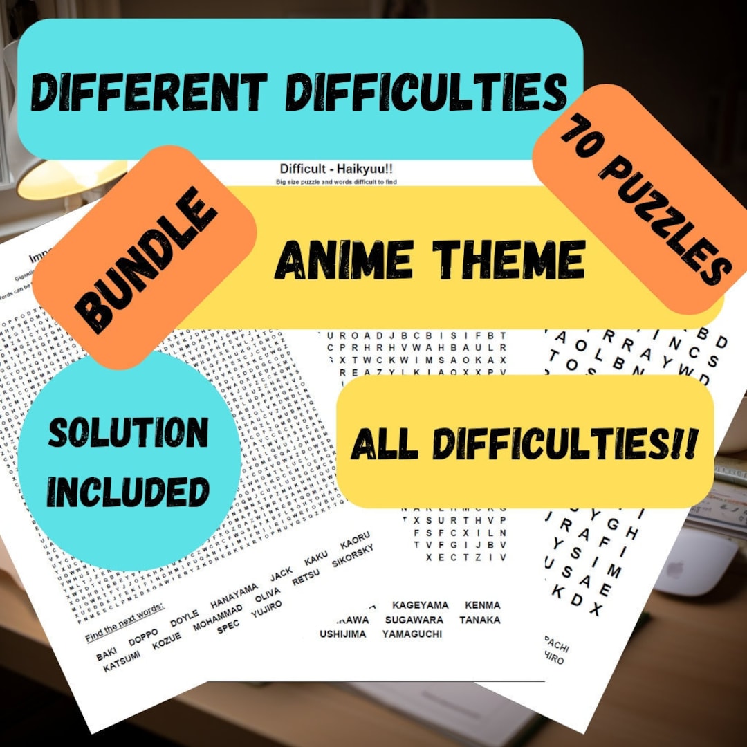 Wordsearch Puzzle Ready to Print, Anime Theme, BUNDLE, 70 Puzzles ...