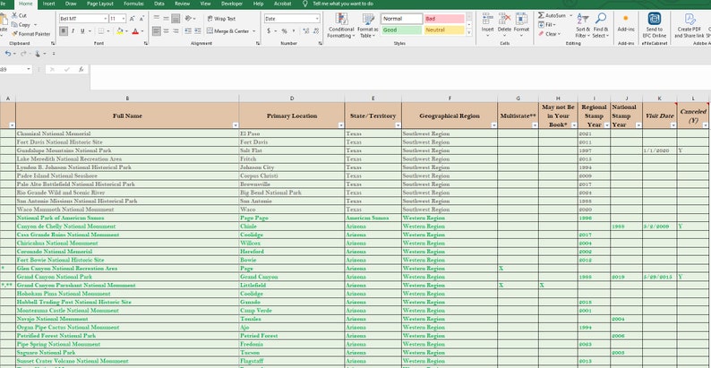 National Park Cancellation Stamps Excel Database - Etsy