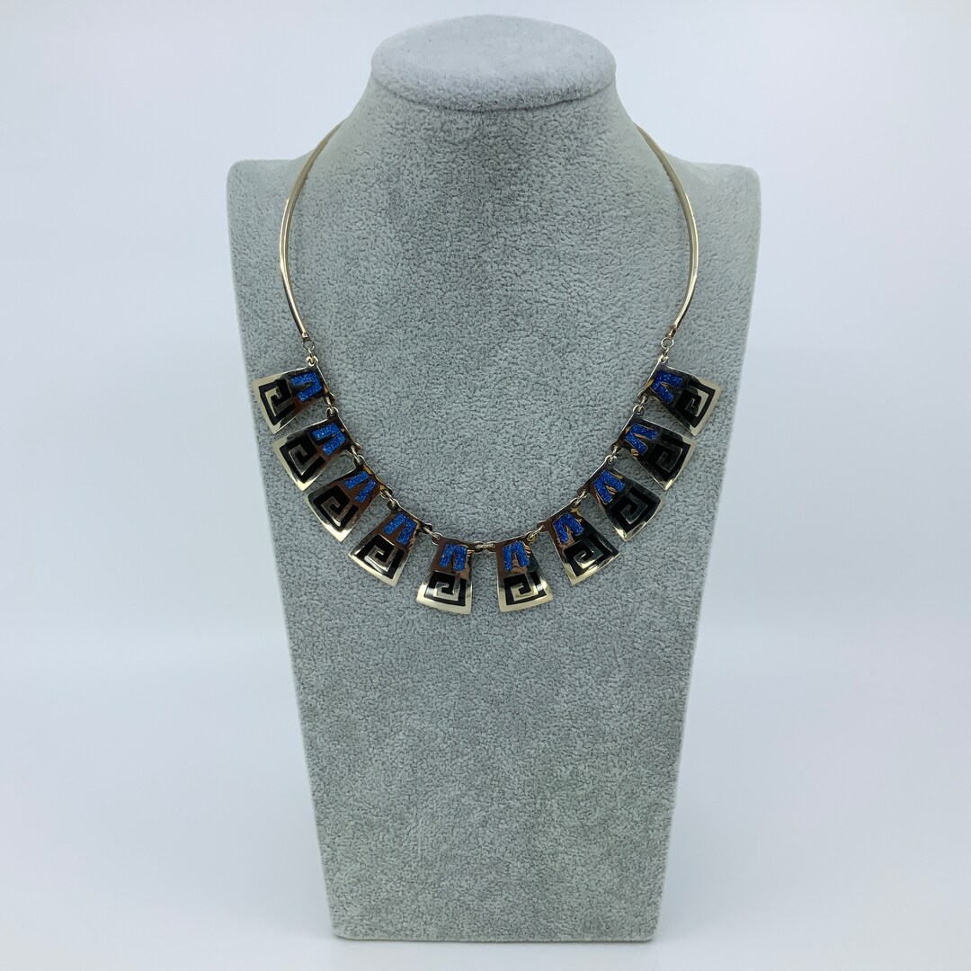 Vintage Alpaca Mexico Greek Key Silver Tone Black & Blue Enamel Bib ...