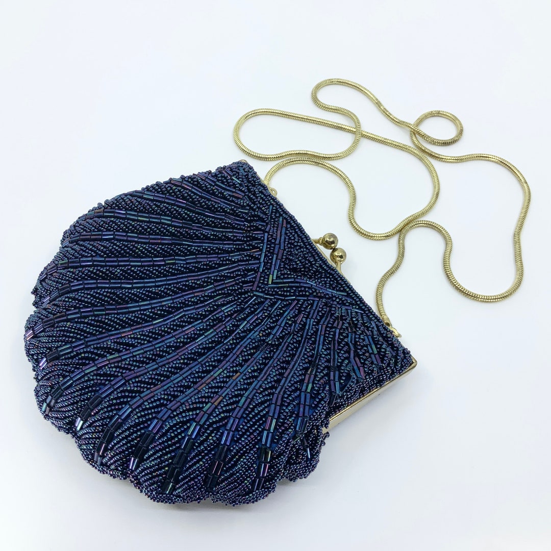 Vintage Art Deco Blue Beaded Clam Shell Shoulder Clutch Evening Purse ...