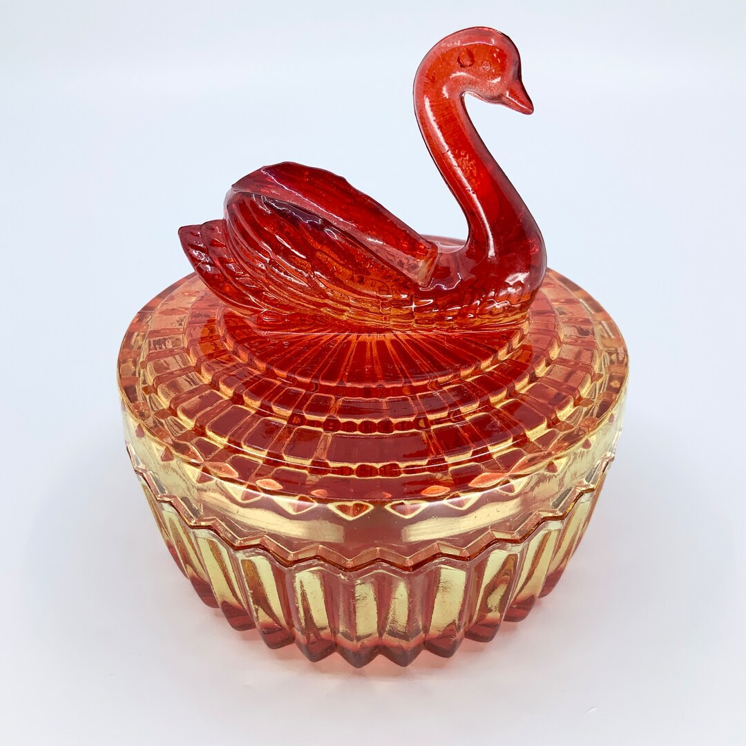 Vintage Jeanette Flashed Amberina Glass Swan Candy Trinket Powder Dish ...