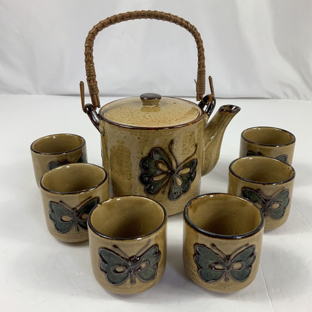 Vintage Ceramic Embossed Teapot Set 6 Cups Rustic Butterfly - Etsy