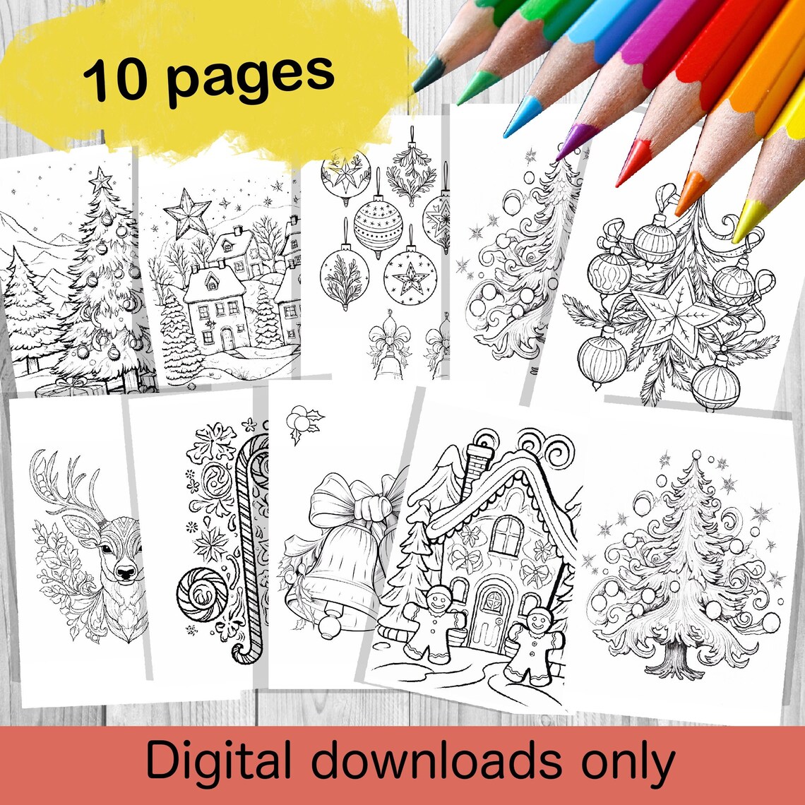 Christmas Coloring Page Set Festive Holiday Designs for Kids and Adults ...