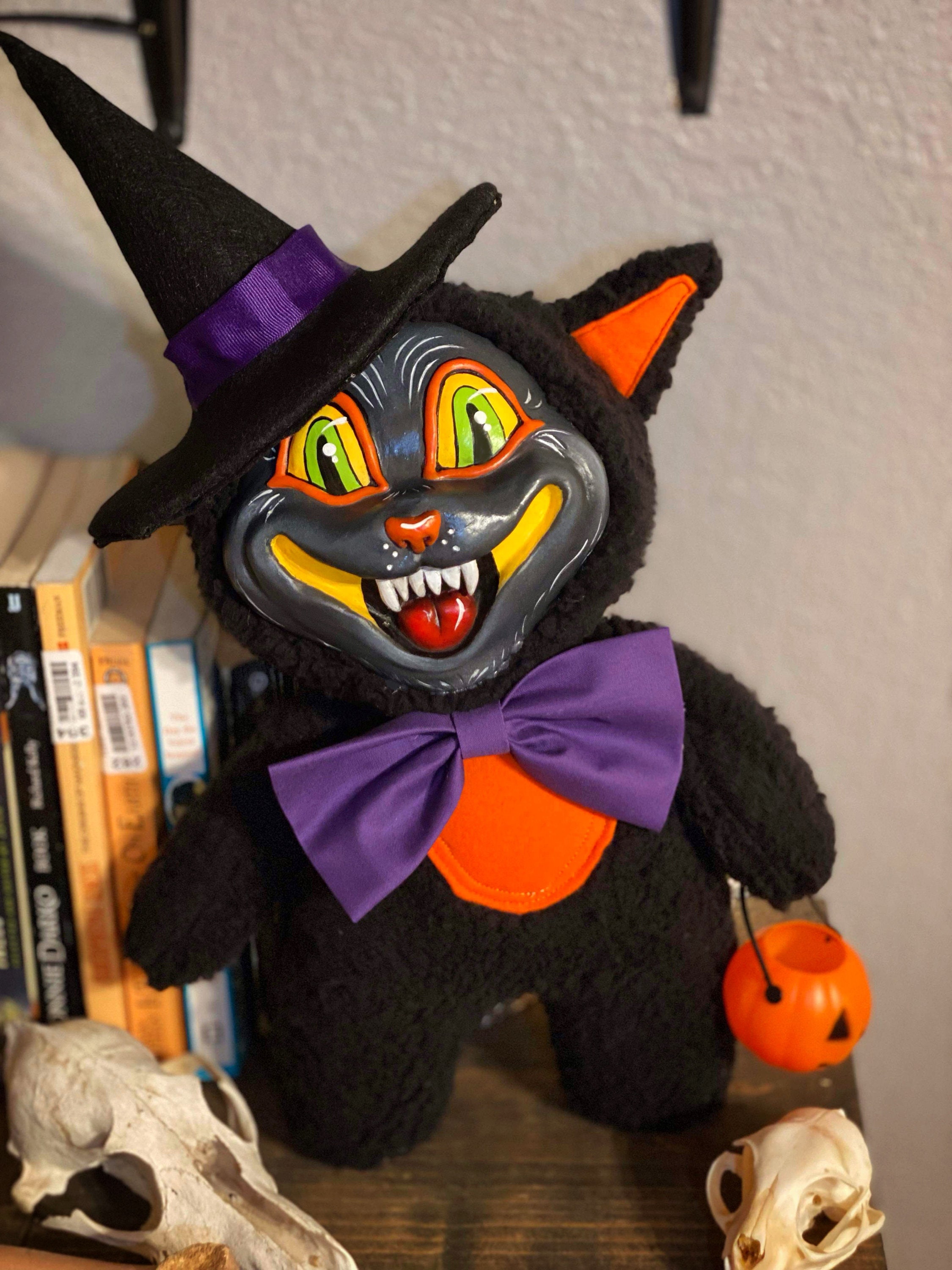 Cute, Spooky, Vintage Style Plushie Black Witch Cat Plush Toy Halloween ...