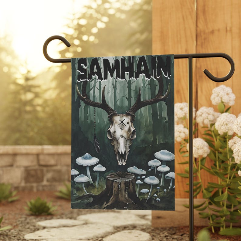 Samhain Garden Flag, Deer Skull, Mushrooms & Witchy Woods, Pagan Fall ...