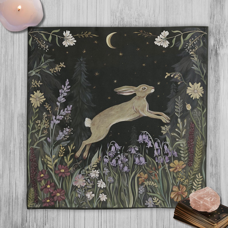 Ostara Altar Cloth With Spring Hare, Cottagecore Floral Ritual Mat ...